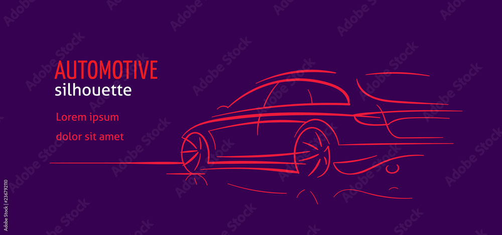 Modern car abstract line illustration. Auto silhouette outline on dark ...