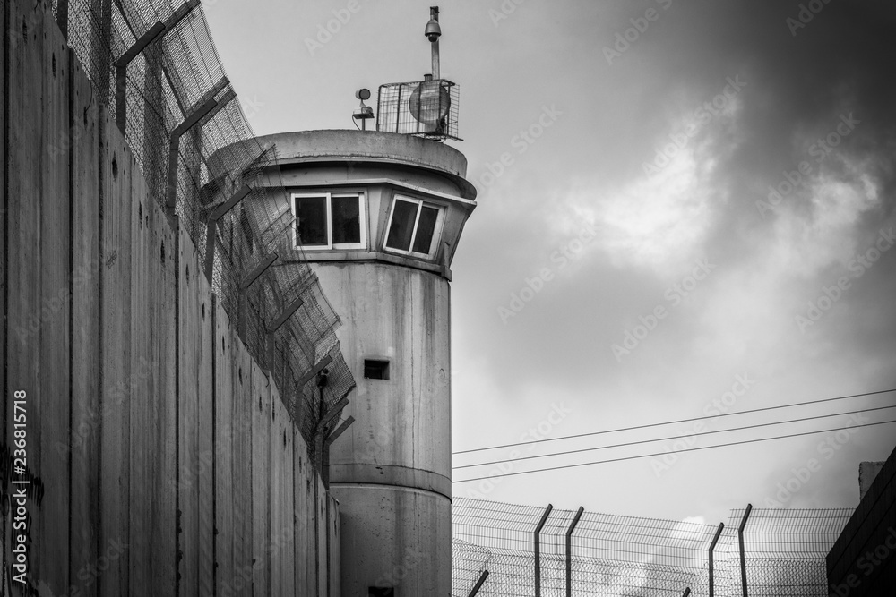 Guard tower and border wall separating Israel from Bethlehem Stock ...
