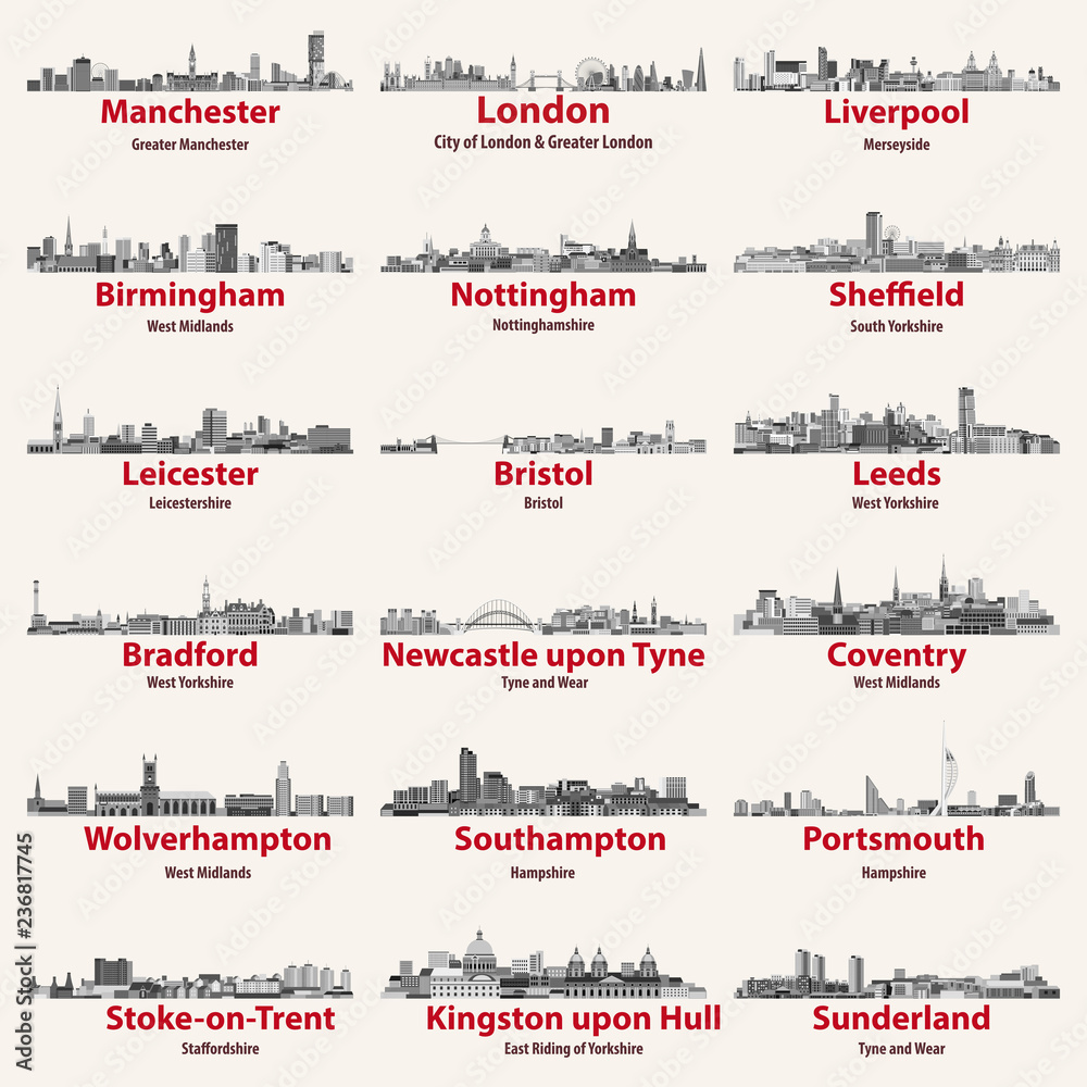 England largest cities skylines in black and white color palette ...