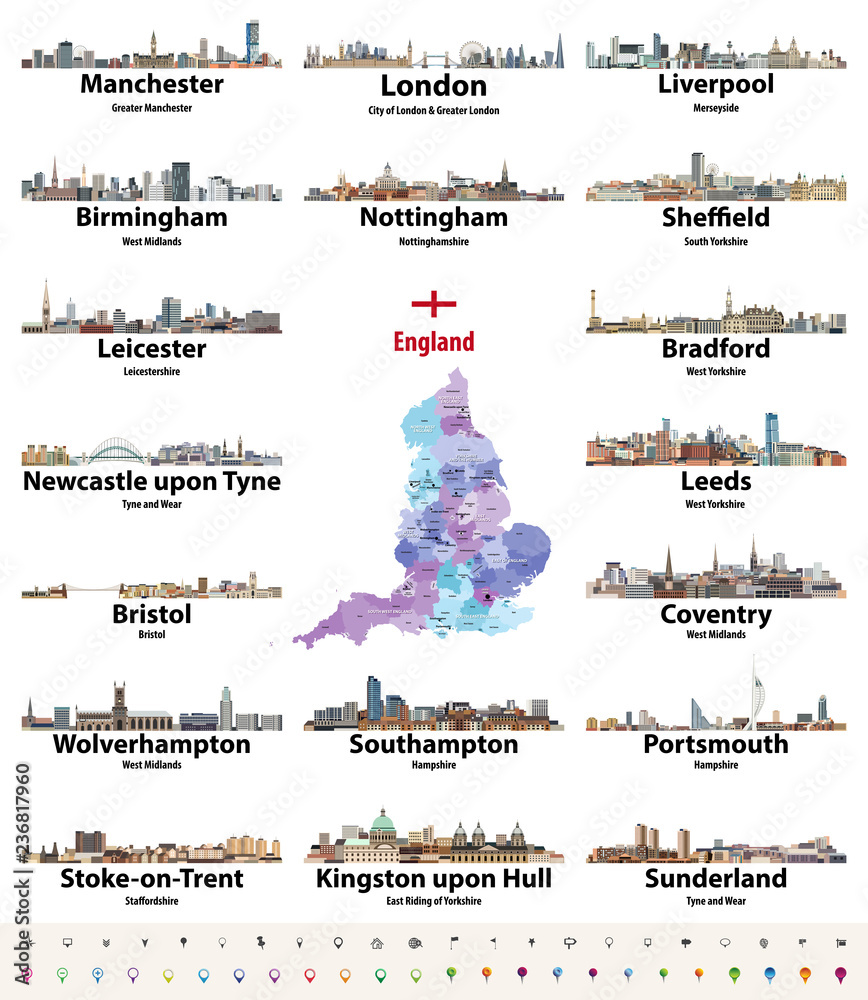 England largest cities skylines. Map and flag of England. Vector set ...