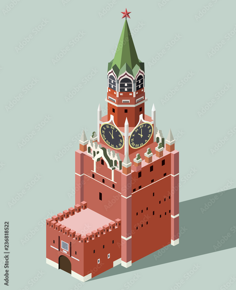 vector 3d isometric icon of Spasskaya Tower of Moscow Kremlin with flat ...