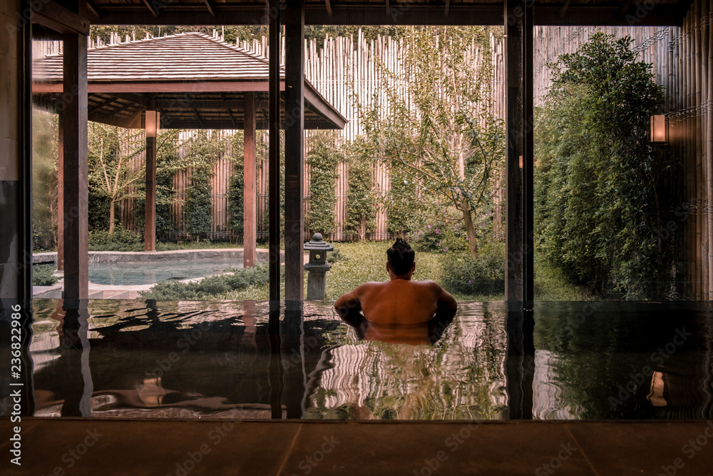 young man at Onsen bath Spa, natural pool ,Onse wooden bath tub,Woman ...
