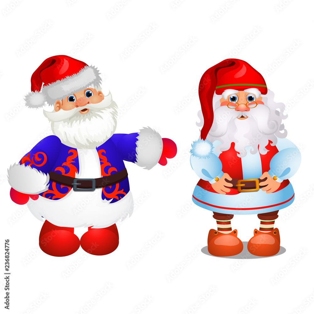 Set of animated Santa Claus in red and blue Christmas costume isolated ...