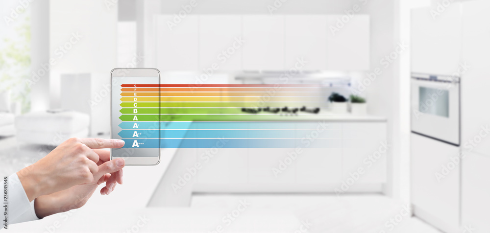 energy saving and smart home automation control concept hand touch ...