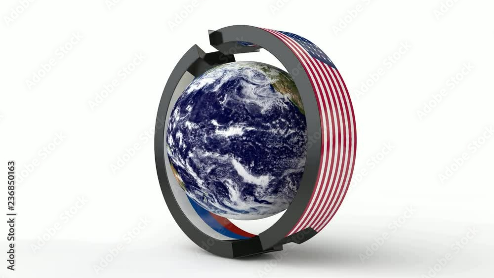 3D animation of rotating flags of the USA and Russia around the Earth ...