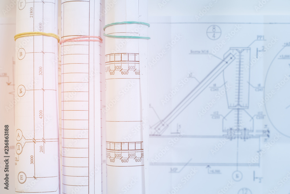 Architectural drawings for the construction of buildings. Rolls of ...