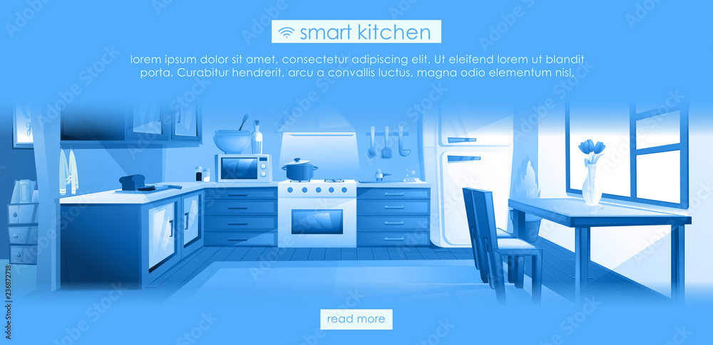 Smart kitchen design banner. Interior home IOT ads. Vector cartoon ...