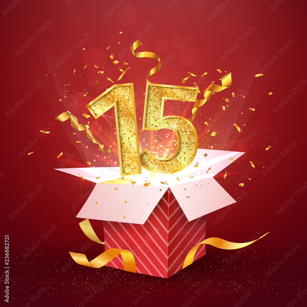 15 th years anniversary and open gift box with explosions confetti ...