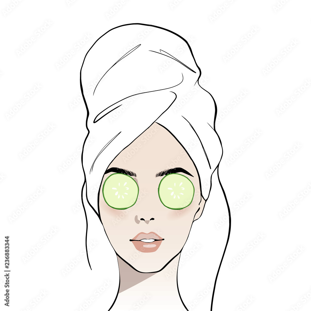 A woman wears with a towel on her head, vector hand drawn illustration ...