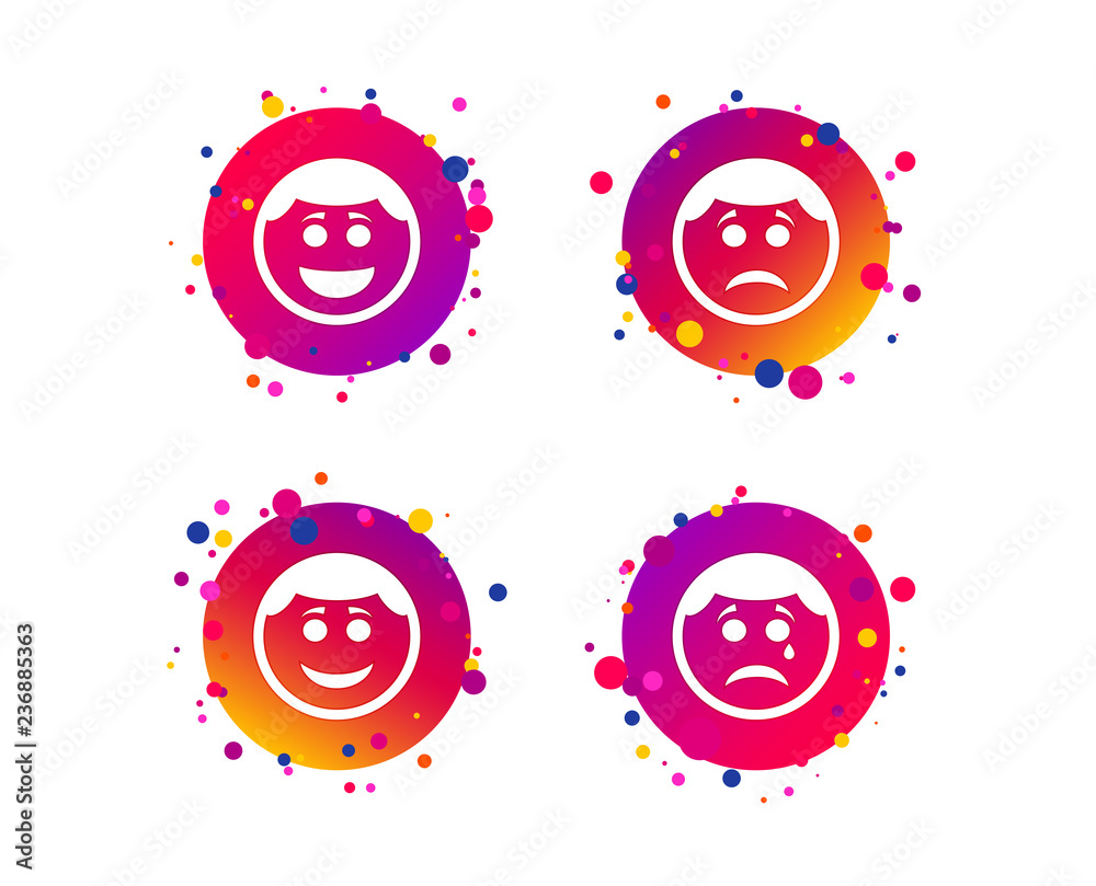 Circle smile face icons. Happy, sad, cry signs. Happy smiley chat ...