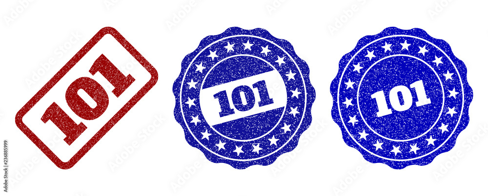 101 grunge stamp seals in red and blue colors. Vector 101 imprints with ...
