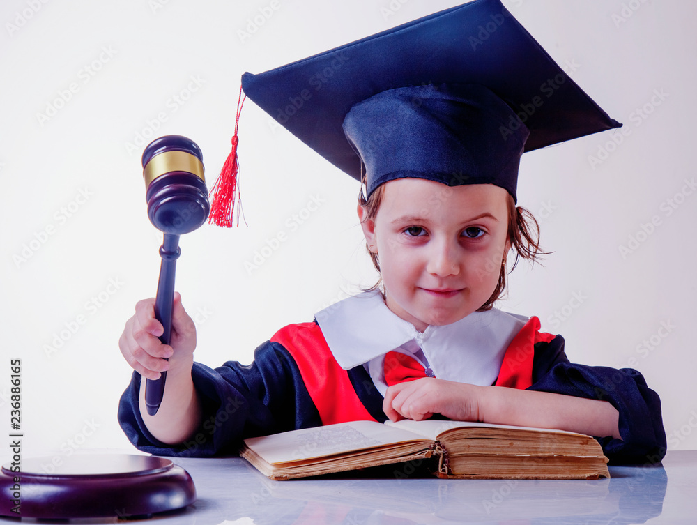 Justice and law concept. Little cute child girl judge in a courtroom ...