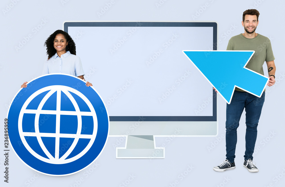 People holding icons in front of a computer monitor paper cutout Stock ...