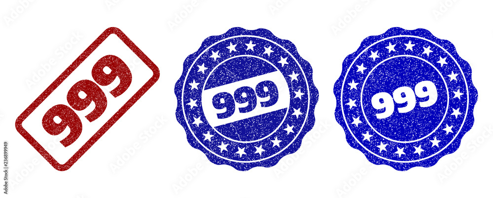999 grunge stamp seals in red and blue colors. Vector 999 overlays with ...
