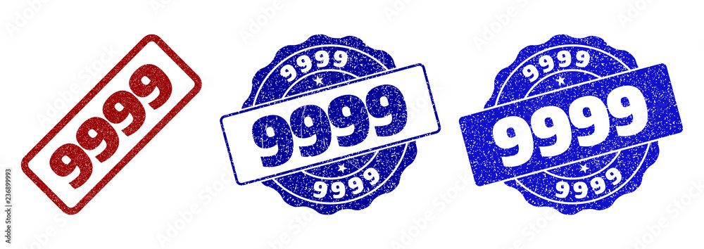 9999 scratched stamp seals in red and blue colors. Vector 9999 overlays ...