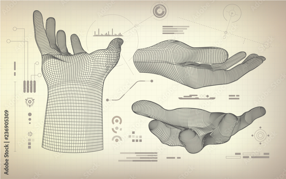 drawing blueprint of wireframe hand; scientific interface; abstract ...
