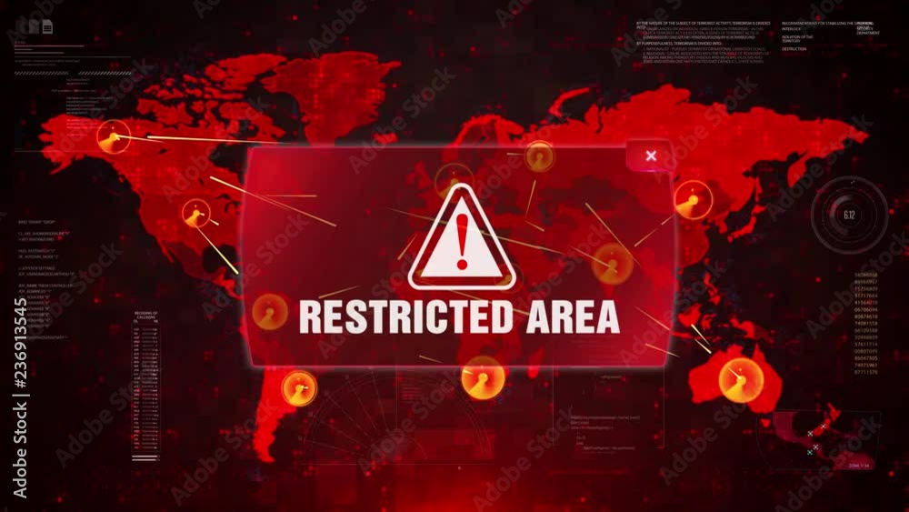Restricted Area Alert Warning Message Attack On World Map Wire Frame Radar Network Seamless