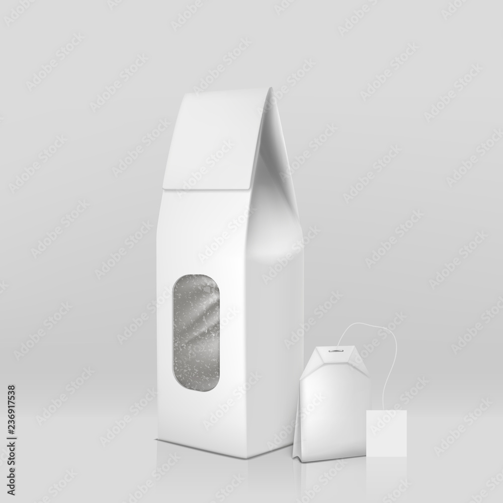 Natural black tea packaging 3d realistic vector with teabag and blank ...