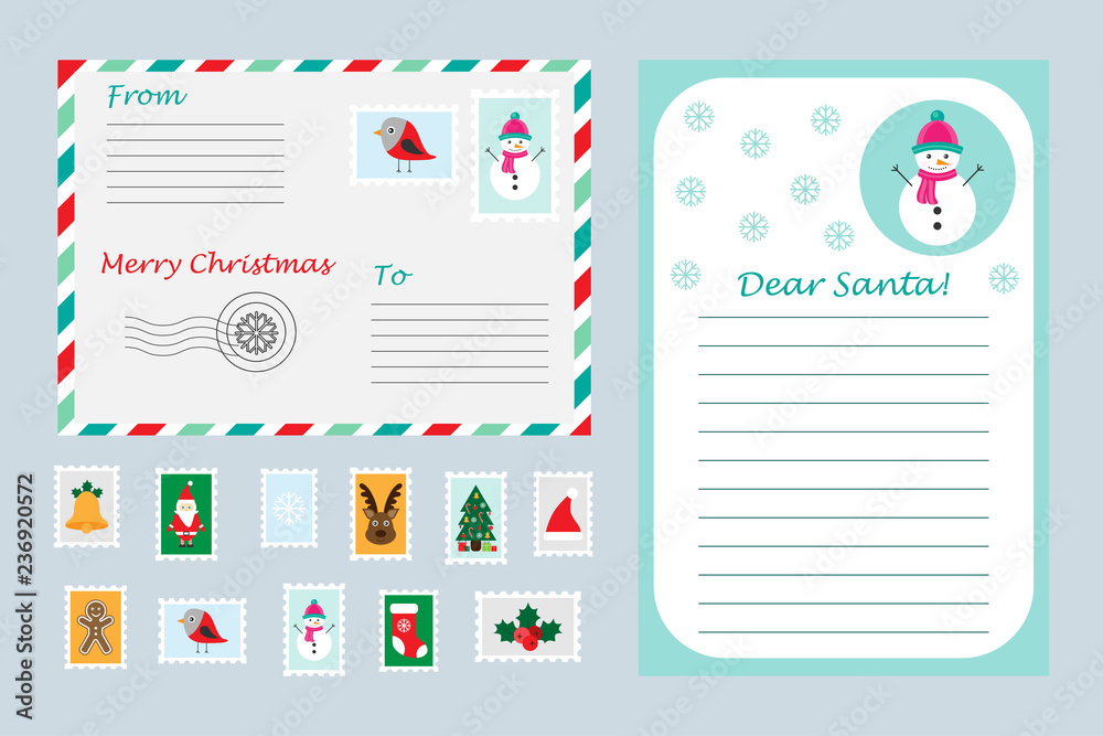 Christmas set of letter to Santa Claus, envelope and postage stamps for ...