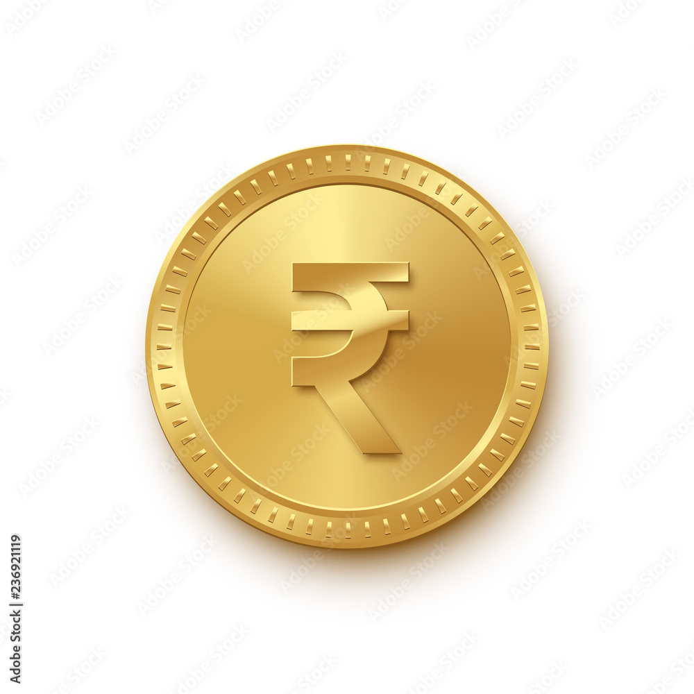 Golden isolated rupee coin on the white background. Vector finance ...