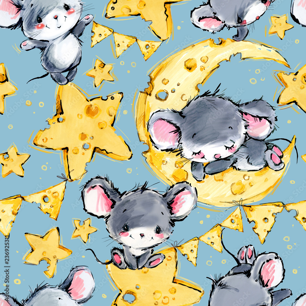 cute mice seamless background. Funny cartoon mouse? moon and star ...
