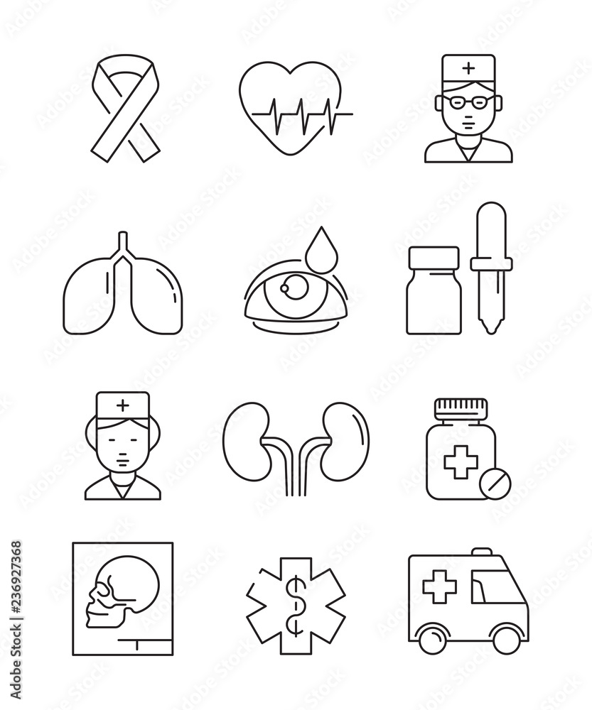Health care line icons. Medical stroke symbols prescription doctor in ...