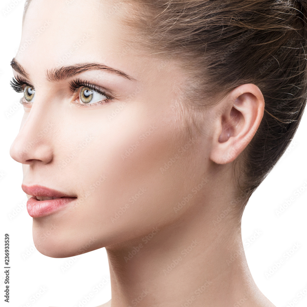 Side view on beautiful female face with perfect skin. Stock Photo ...