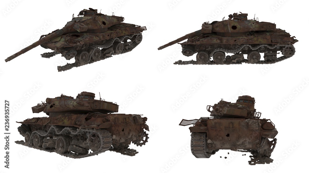 damaged rusty battle tank on an isolated white background. 3d ...