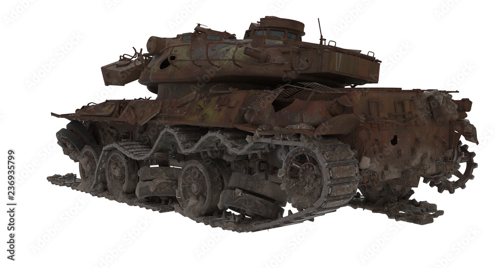 damaged rusty battle tank on an isolated white background. 3d ...
