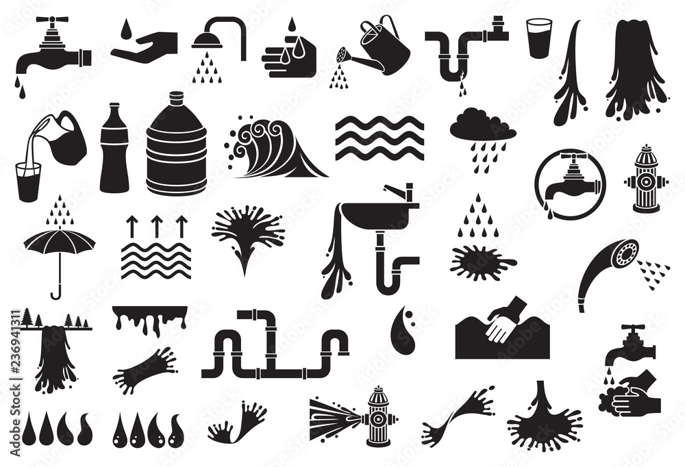 water icons vector set (design elements - watering can, faucet, droplet ...