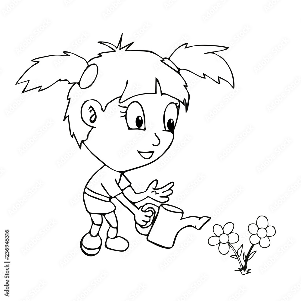 Girl watering flowers coloring page isolated Stock Vector | Adobe Stock