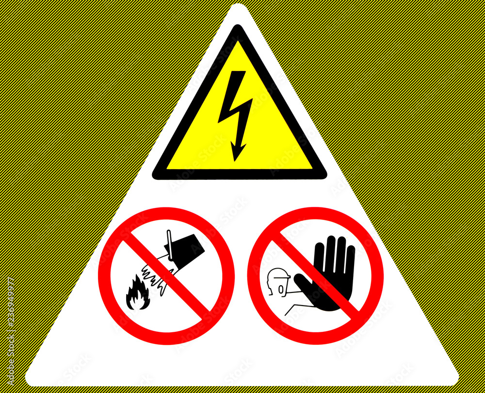 Danger electricity warning sign. Don't touch, don't throw water, no ...