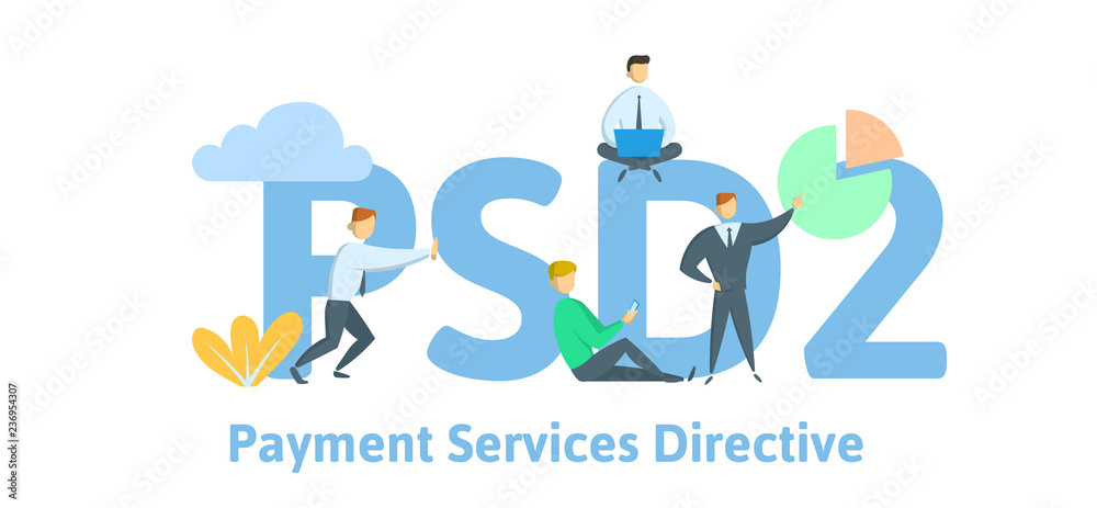 PSD2, Payment Services Directive 2. Concept table with people, letters ...