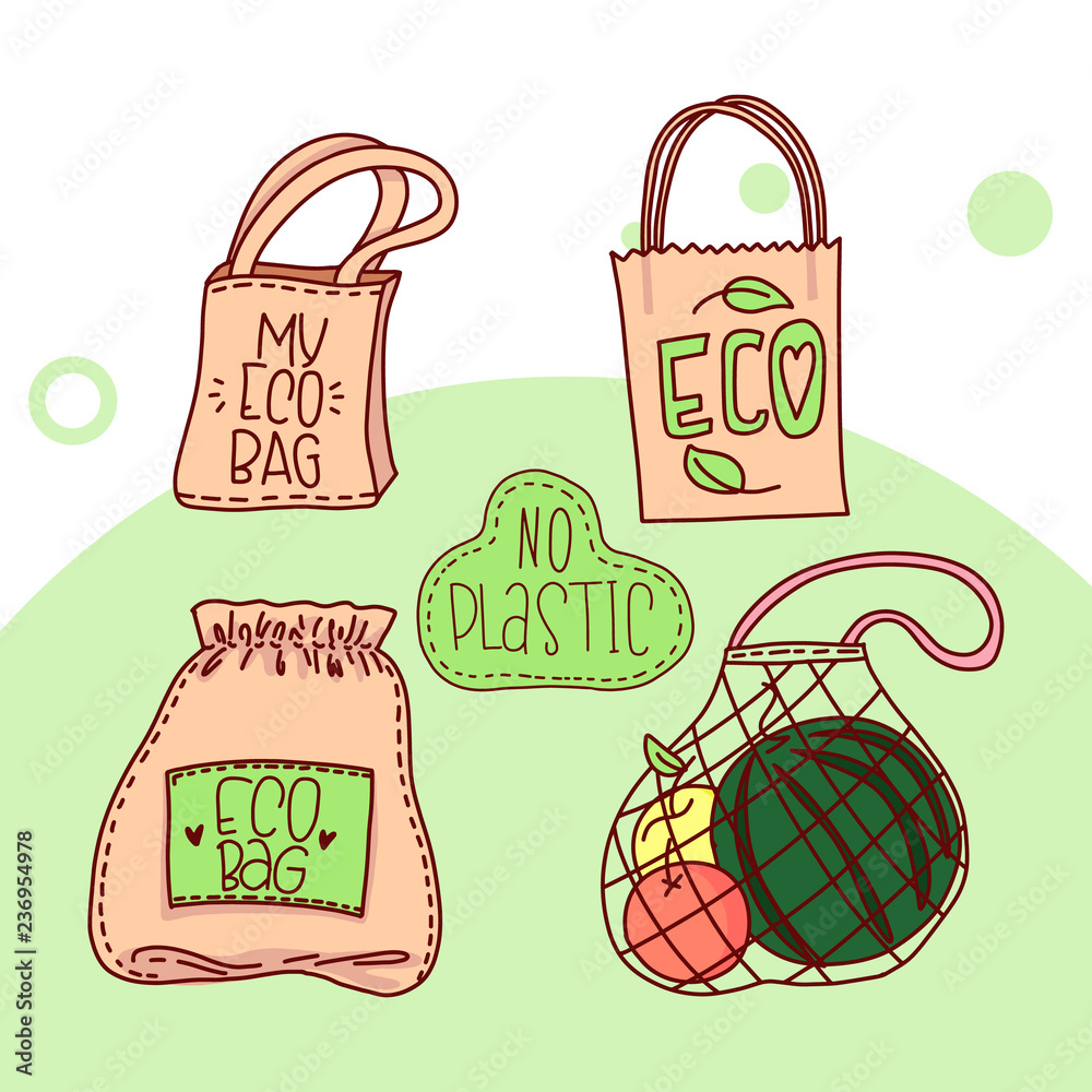 Hand drawn elements of zero waste life in vector. Eco style. No plastic ...
