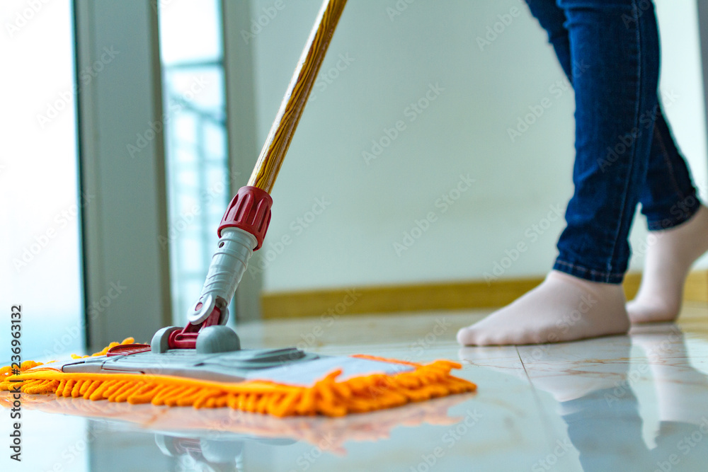 Housewife is cleaning the house, mops the floor. Housework, household ...