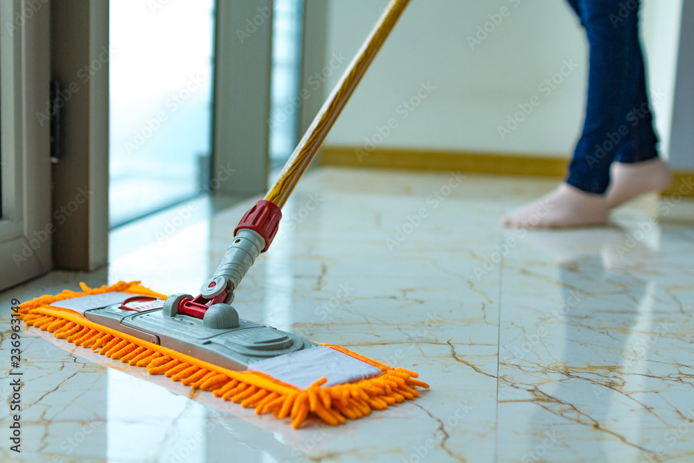 Housewife is cleaning the house, mops the floor. Housework, household ...