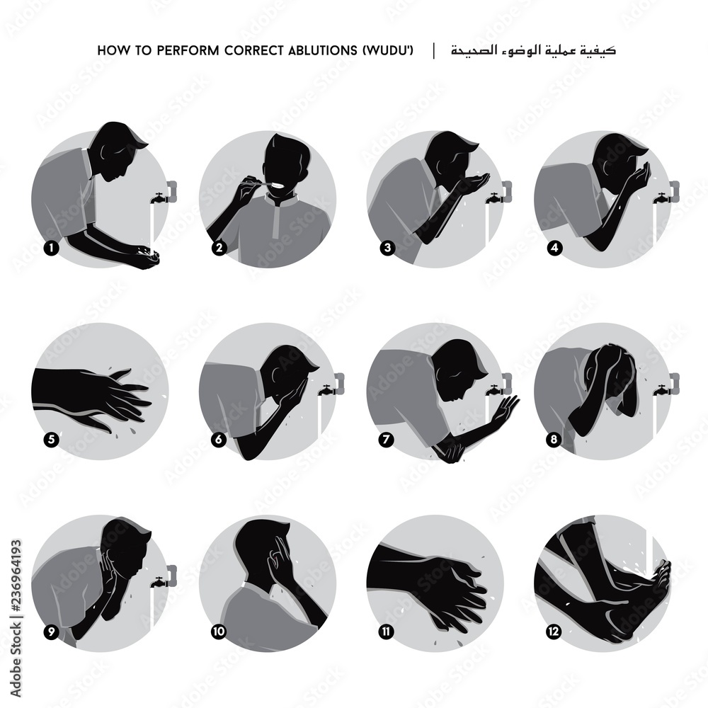 Vetor de Ablutions or Wudu' steps tutorial in black and white. Islamic ...