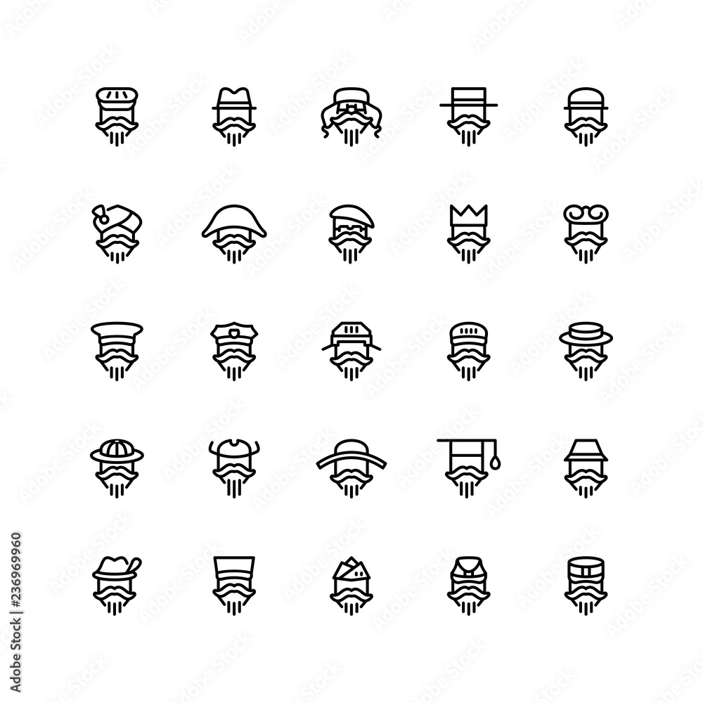 Twenty five icons of men wearing different kinds of hats isolated on ...