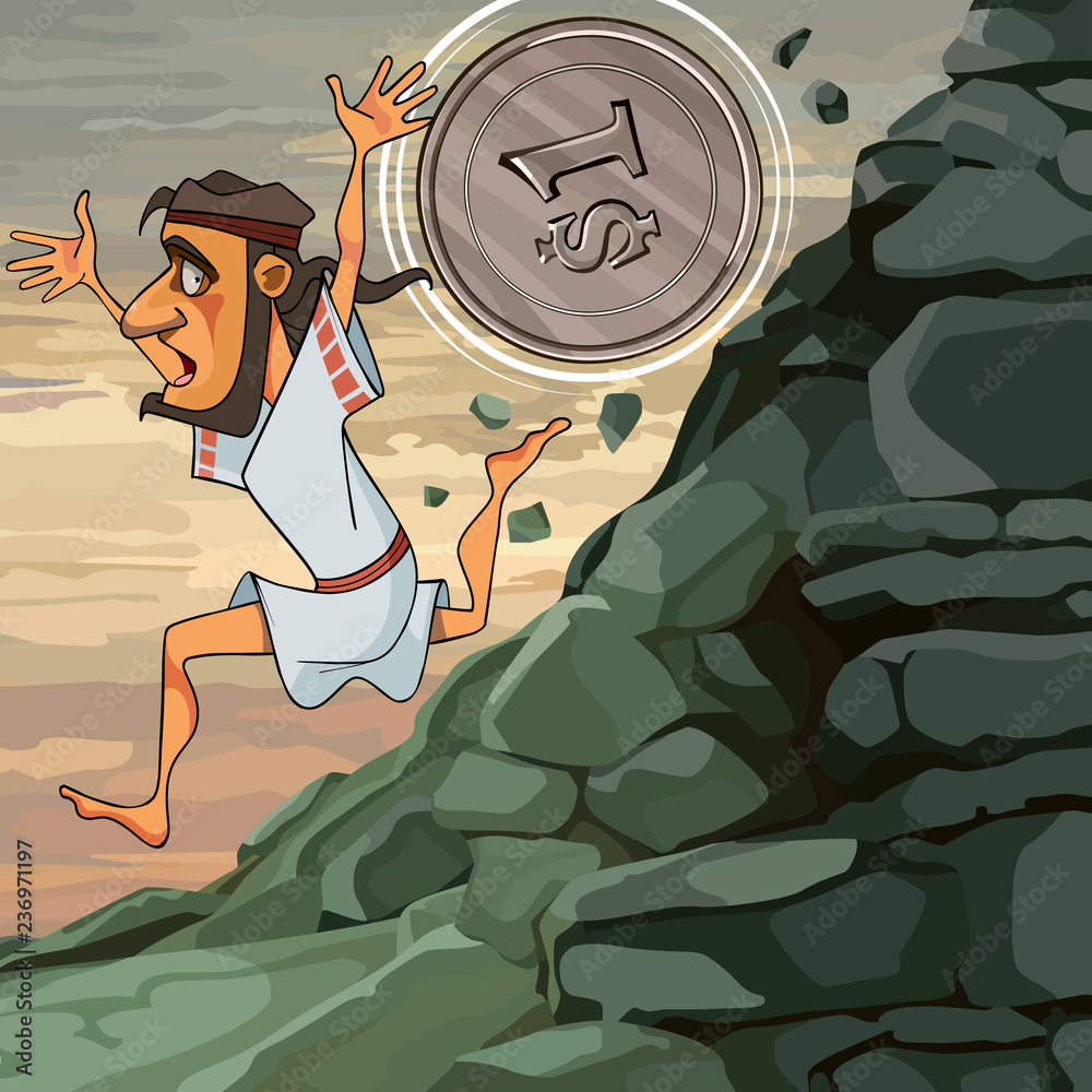 cartoon man Sisyphus runs down the mountain he is overtaken by a coin ...