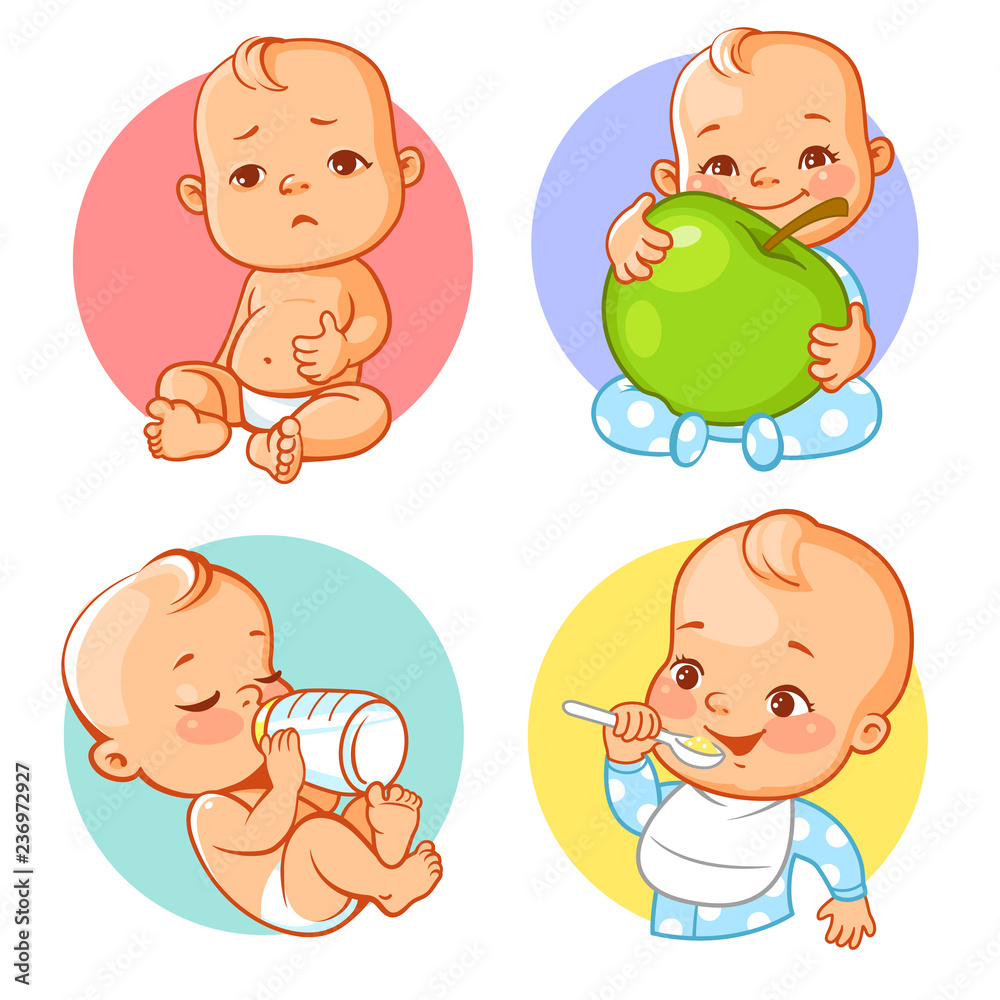 Set with cute little baby eating. Baby nutrition. Baby drink milk ...