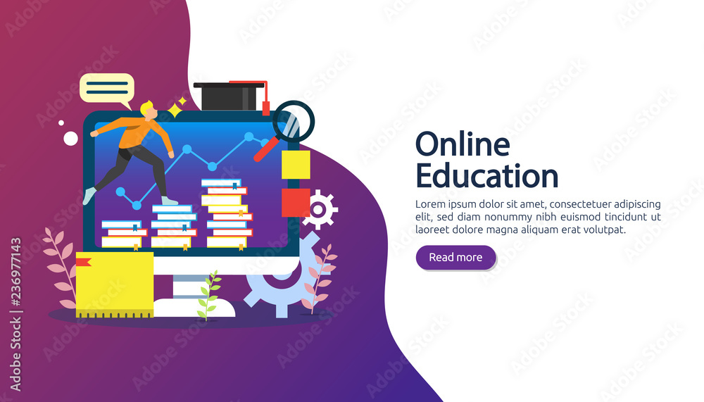 E-learning concept with computer, book and tiny people character in ...
