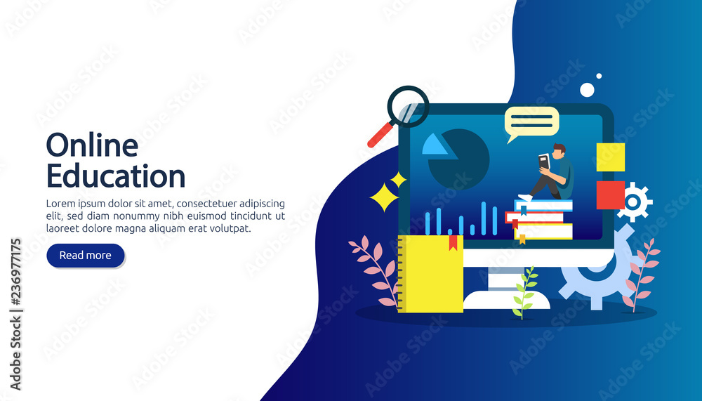 E-learning concept with computer, book and tiny people character in ...