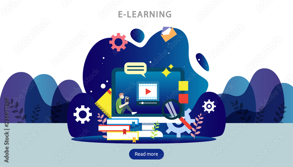 E-learning concept with computer, book and tiny people character in ...