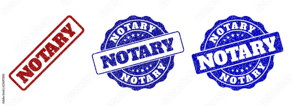 NOTARY scratched stamp seals in red and blue colors. Vector NOTARY ...