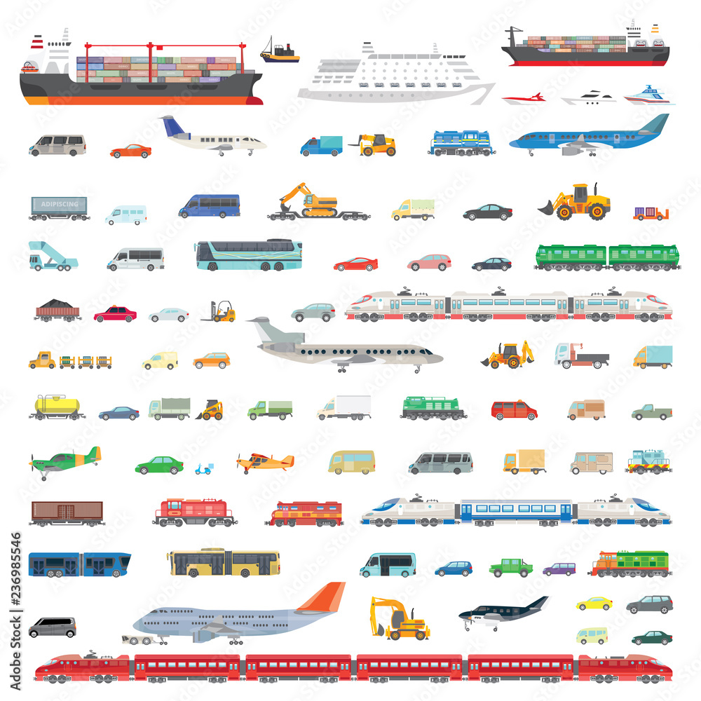 A large set of vector illustrations of various vehicles. Airplanes ...