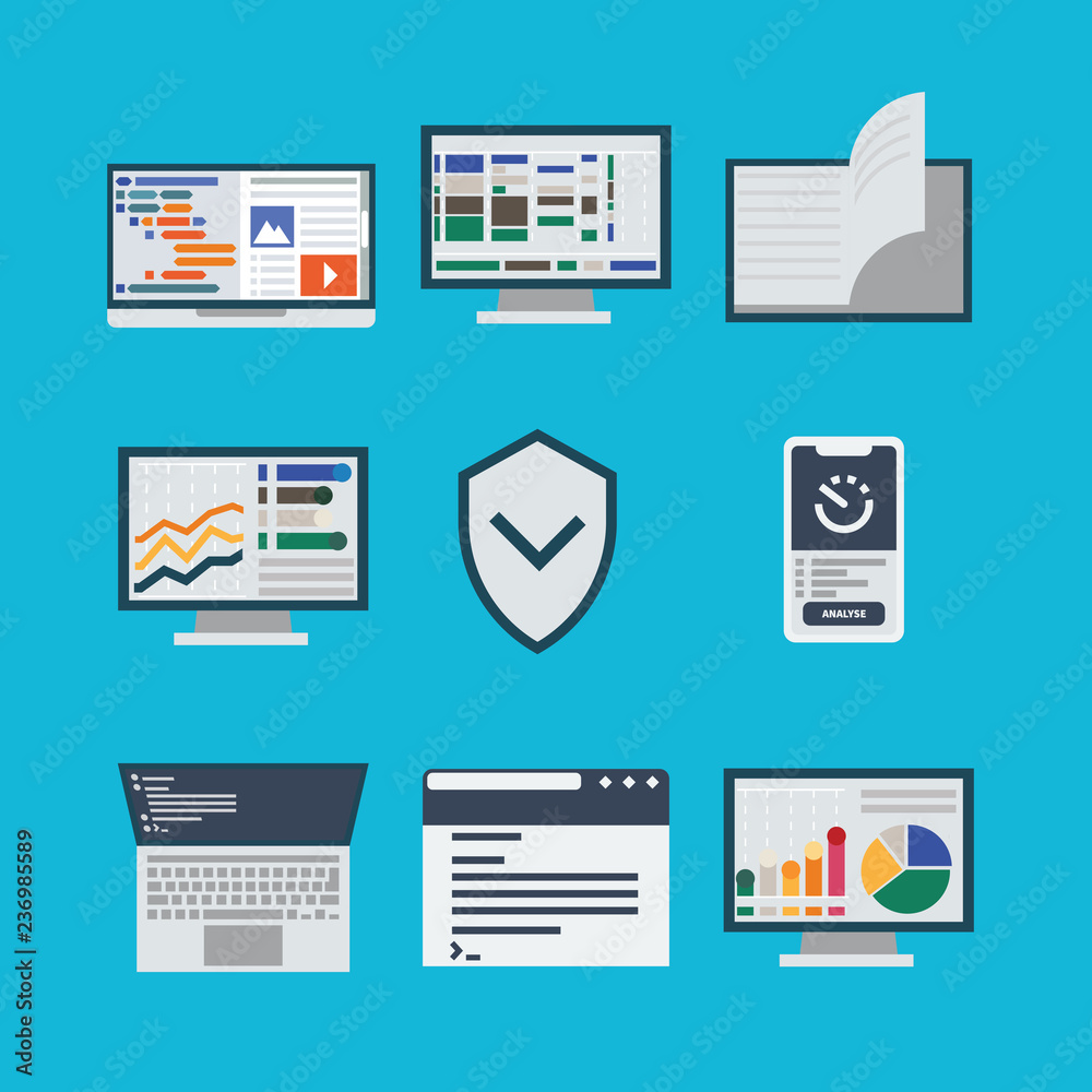Vector illustration of computer analytics and data collection, various ...