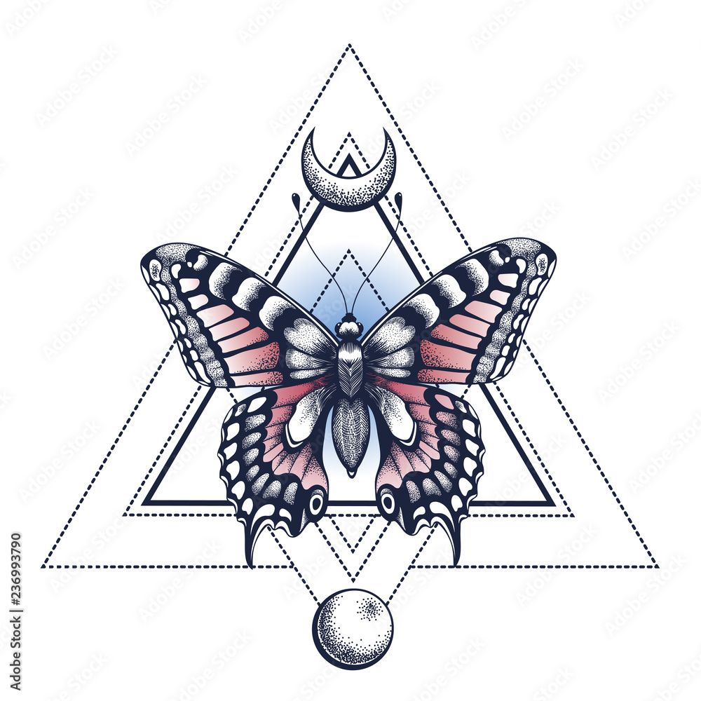 Black Ink. Butterfly, pyramid, half moon and moon. Tattoo Design ...
