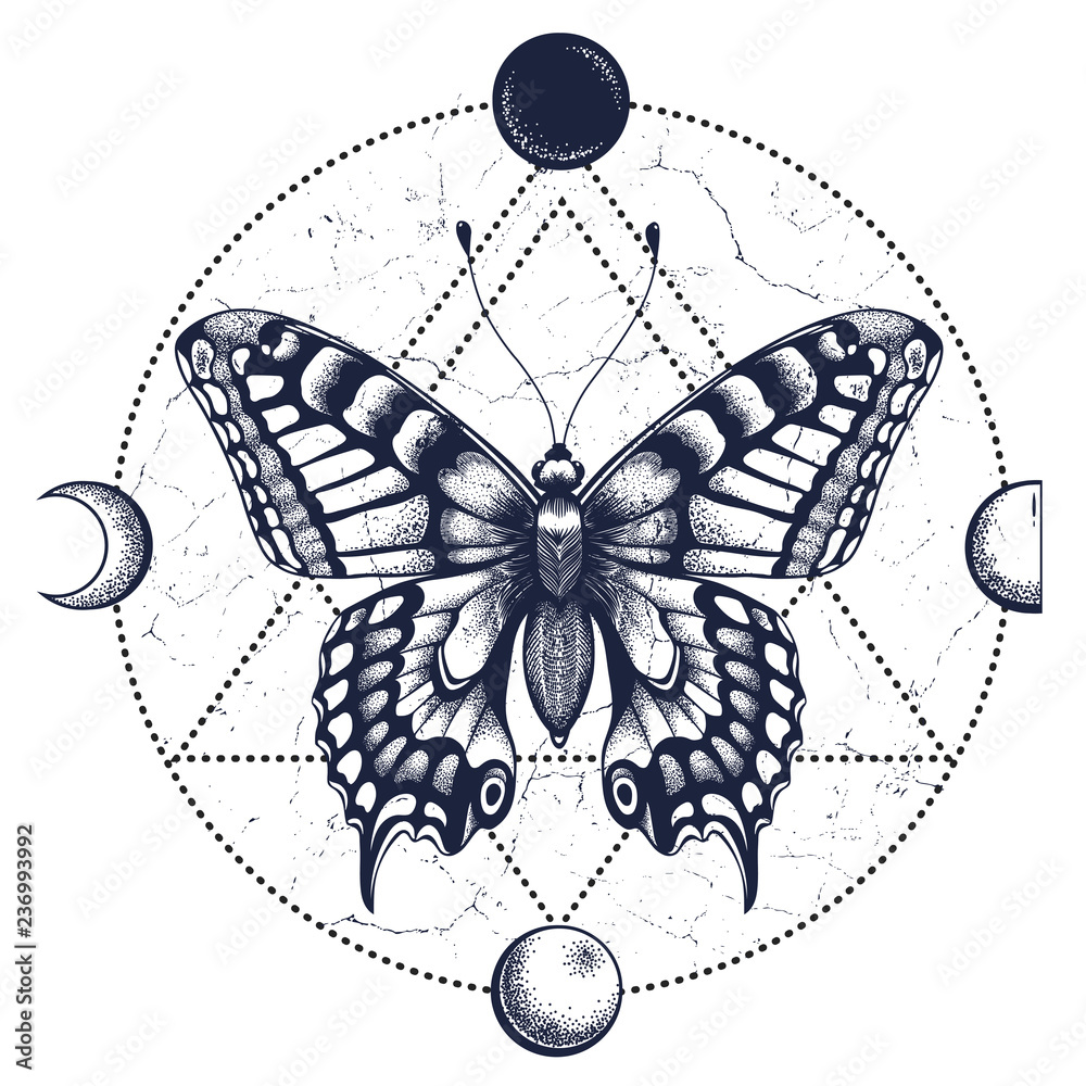 Butterfly,moon phases.Tattoo and T-shirt design. Stock Vector | Adobe Stock
