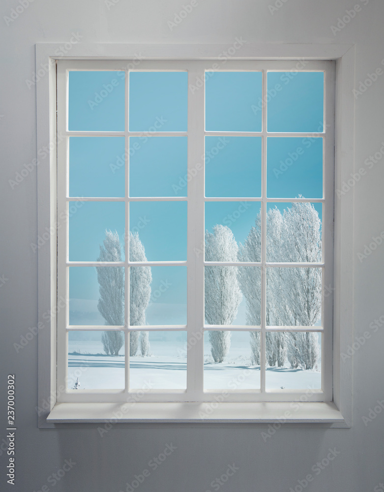 Modern residential window with snow and trees Stock Photo | Adobe Stock