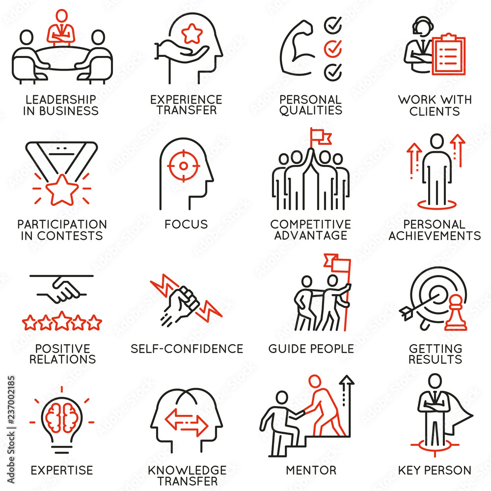 Vector set of linear icons related to skills, empowerment leadership ...